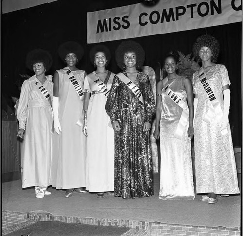 Miss Compton Queen Pageant finalists posing together, Los Angeles, 1972 ...