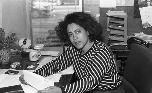 Susan D. Anderson posing at her desk in an office, Los Angeles, ca ...