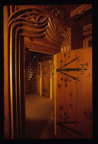 Wyntoon, Brown Bear House, interior, doorway, wood tracery, hinges ...