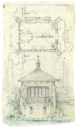 Elevation and section drawings of the Tea House in Wyntoon, Siskiyou ...