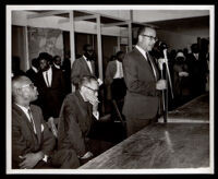 Stanley Mosk speaking at the ribbon cutting ceremony for English Square ...