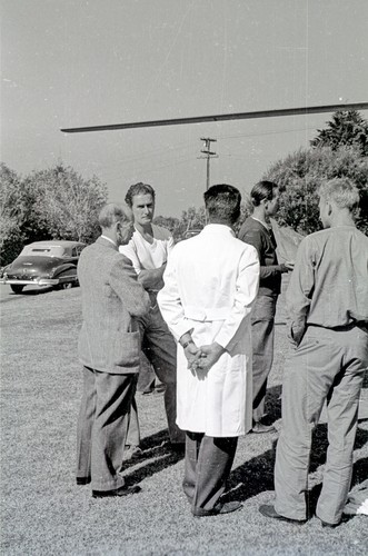 Talking during film production of the "Cruise of the Zaca" at Scripps ...