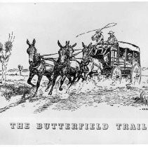 Drawing of a stagecoach, "The Butterfield Trail." — Calisphere