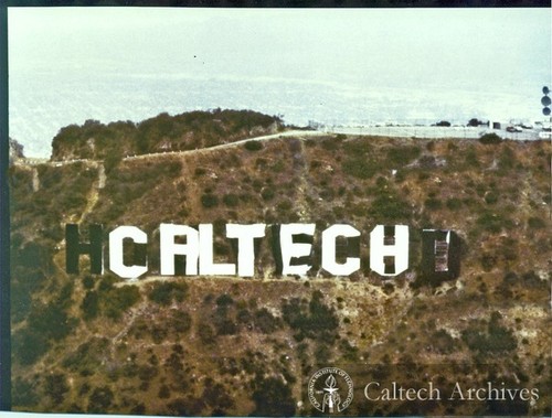 Hollywood sign transformed to read Caltech — Calisphere