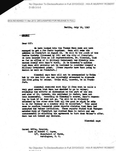 Robert Murphy correspondence with Carmel Offie regarding Thomas Mann ...