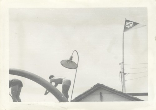 Bob McCullah, Lloyd Hooper diving off wharf at Santa Cruz Boat Club ...