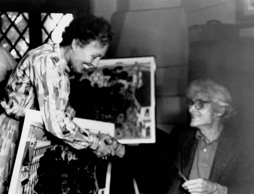 Jean Bruce Poole shaking Leo Politi's hand — Calisphere