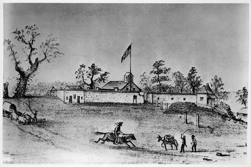 Sutters Fort, Sacramento, 1850, from an early drawing — Calisphere