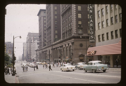 5th and Olive Streets, showing scramble system for traffic — Calisphere