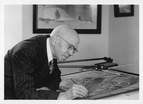Russel W. Porter at work on a drawing of a 200-inch telescope — Calisphere