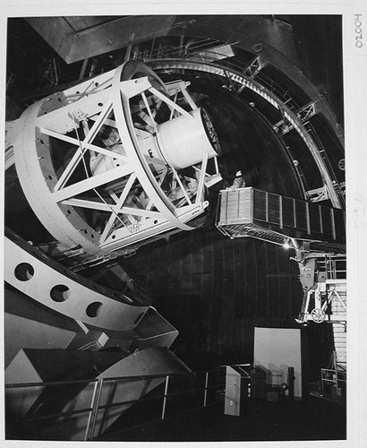 Observer riding elevator to prime focus observing cage for the 200-inch ...