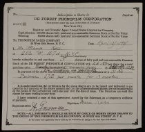 Stock subscription and certificate for five shares of De Forest ...
