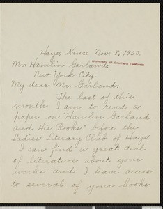 Annabelle Sutton, letter, 1920-11-08, to Hamlin Garland — Calisphere