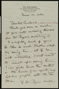 Mildred Howells, letter, 1934-03-12, to Hamlin Garland — Calisphere