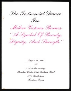 Testimonial dinner program, Victoria Barnes, 1985 — Calisphere