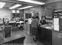 Carnegie Library - circulation desk, circa 1960s — Calisphere