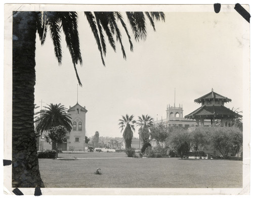 View of Pagoda, Masonic Temple, and Oxnard Hotel from Plaza Park ...