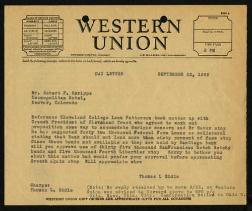 Thomas L. Sidlo's Letter to Robert P. Scripps — Calisphere