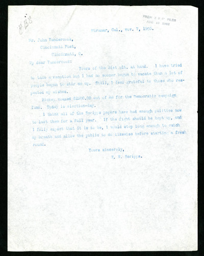Letter from E. W. Scripps to John Vandercook, 1905-11-07 — Calisphere