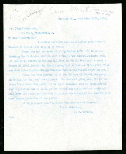 Letter from E. W. Scripps to John Vandercook, 1905-09-15 — Calisphere