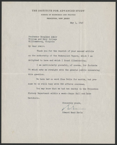Edward Mead Earle letter to Professor Douglass Adair from William and ...
