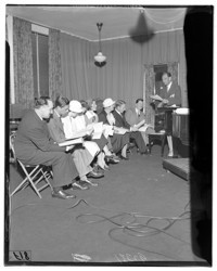 Mayor Angelo Rossi at the mic, Dave Stollery and Baker's Frivolities ...