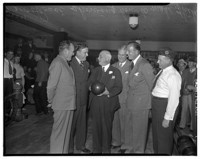 Mayor Angelo J. Rossi and Slip Madigan, bowling — Calisphere