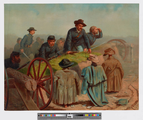 [Union soldiers on bank, coats and hats hanging below] — Calisphere