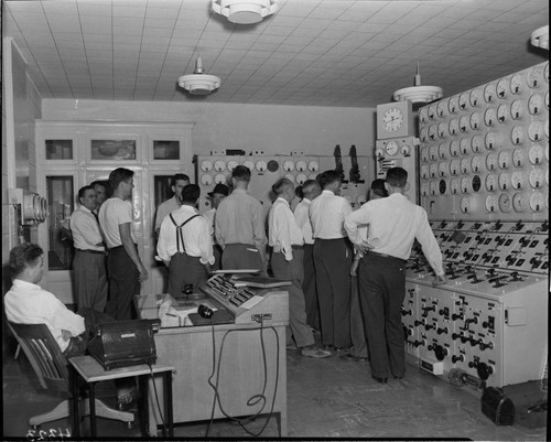 Big Creek tour group in a hydro power plant control room — Calisphere