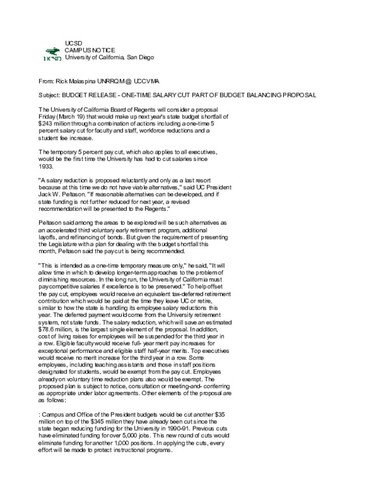 Budget Release - One-Time Salary Cut Part of Budget Balancing Proposal ...