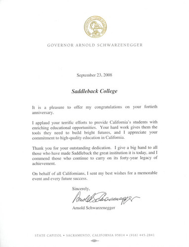 Letter from governor Arnold Schwarzenegger to Saddleback College ...