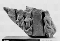 Bas-relief fragment depicting heavily deteriorated human figures ...