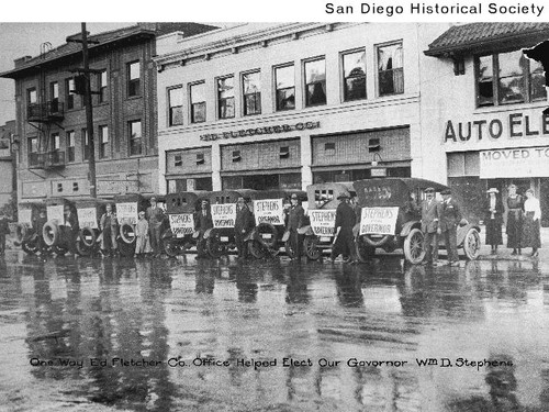 Row of automobiles with campaign signs for William D. Stephens parked ...