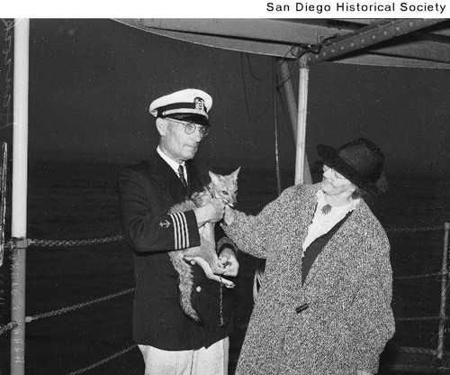 Belle Benchley and Captain G. Allan Hancock with a zoo animal aboard ...