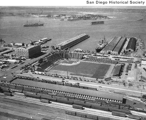 Aerial view of Lane Field and the Broadway and Municipal Piers in the ...