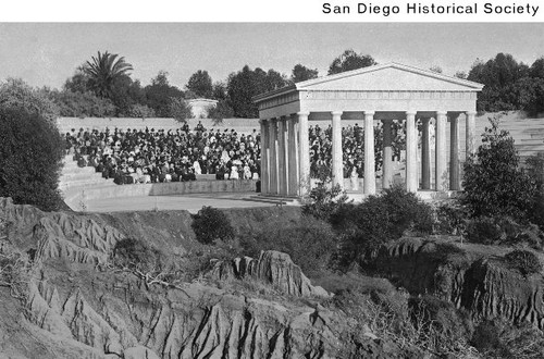 People sitting in a Greek style amphitheater at the Theosophical ...
