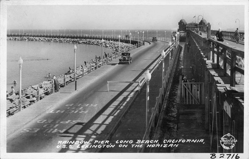 Rainbow Pier, Long Beach, California, U.S.S. Lexington on the Horizon ...
