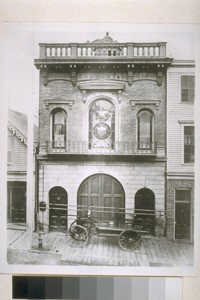 Columbian Engine Company fire house and engine. 1860 — Calisphere
