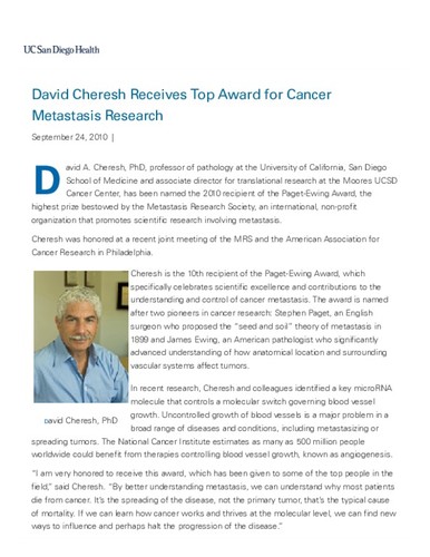 David Cheresh Receives Top Award for Cancer Metastasis Research ...
