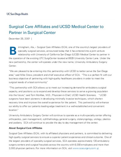 Surgical Care Affiliates and UCSD Medical Center to Partner in Surgical ...