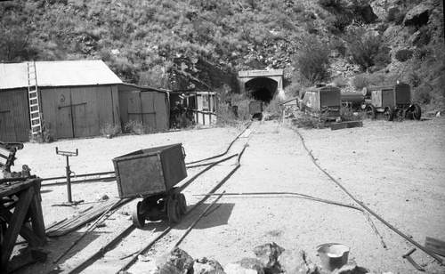 Portal, mine tram, and Elma Mine mascot, Near Dos Cabezas, Cochise ...