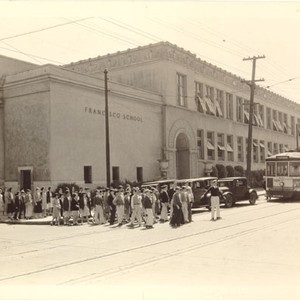 [Students crossing street at Francisco Junior High School] — Calisphere