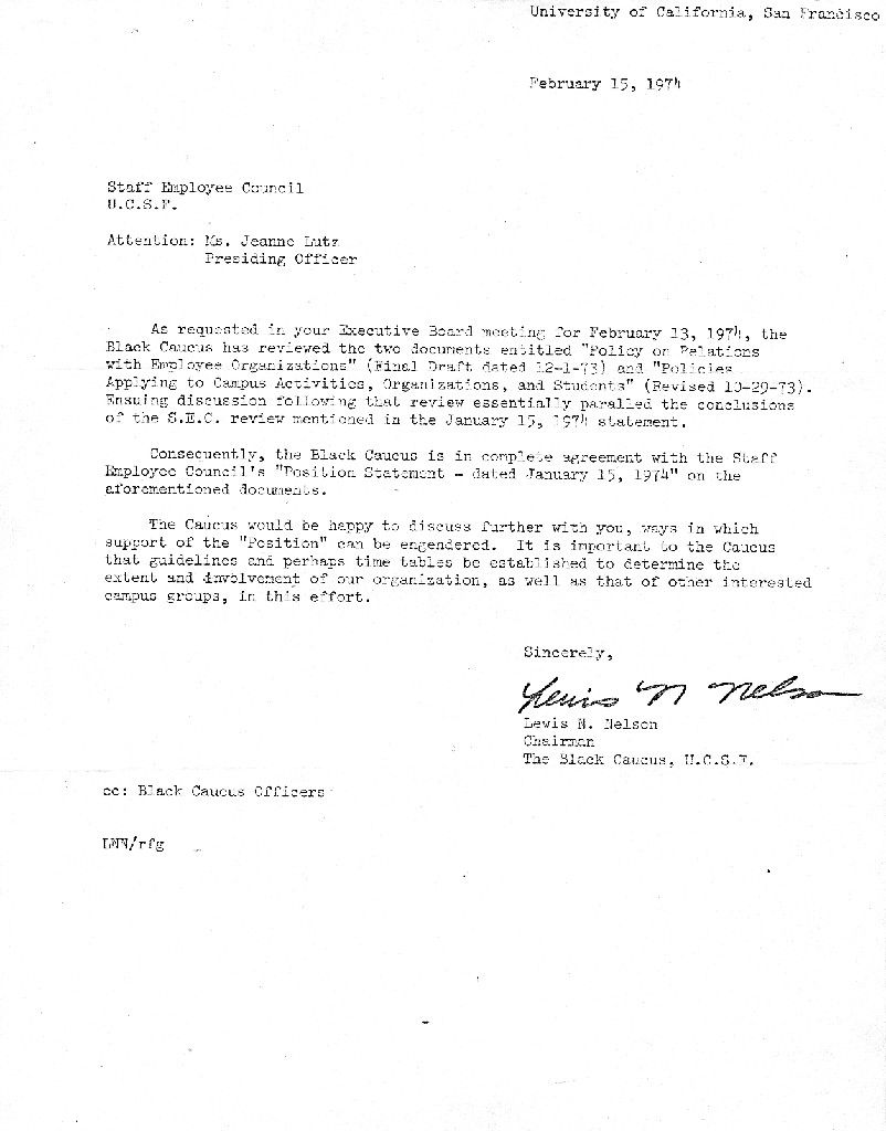 Letter to Jeanne Lutz Presiding Officer UCSF Staff Employee Council ...