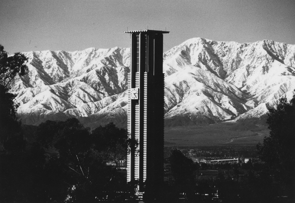 UCR Bell Tower and snowy mountains — Calisphere