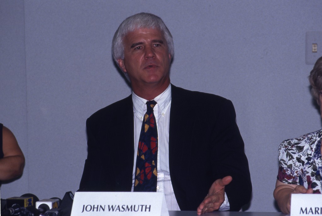 Professor John Wasmuth at a press conference — Calisphere