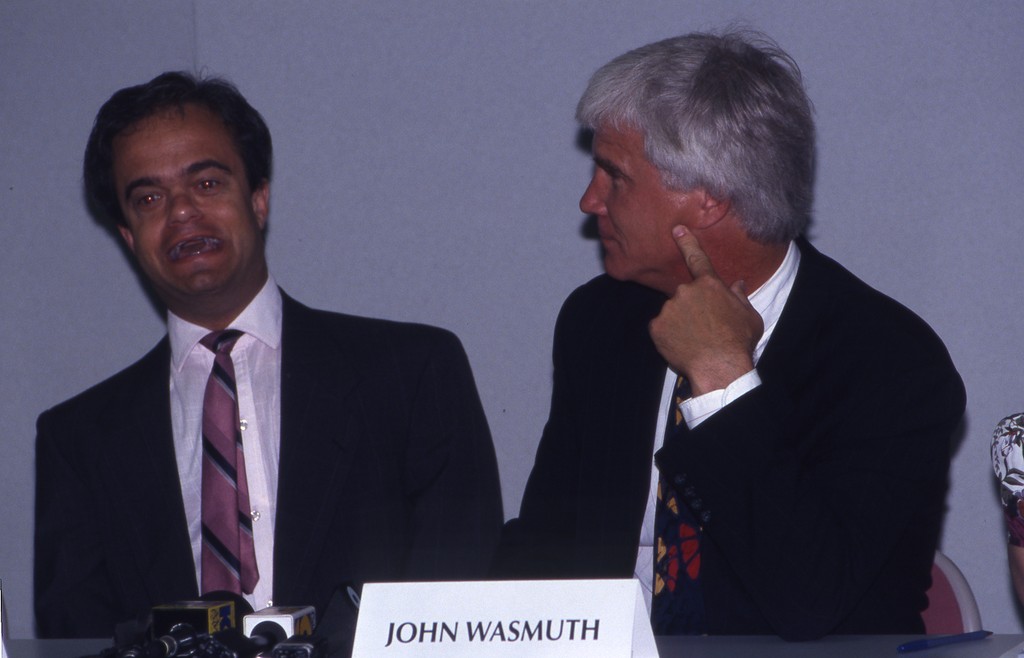 Professor John Wasmuth at a press conference — Calisphere