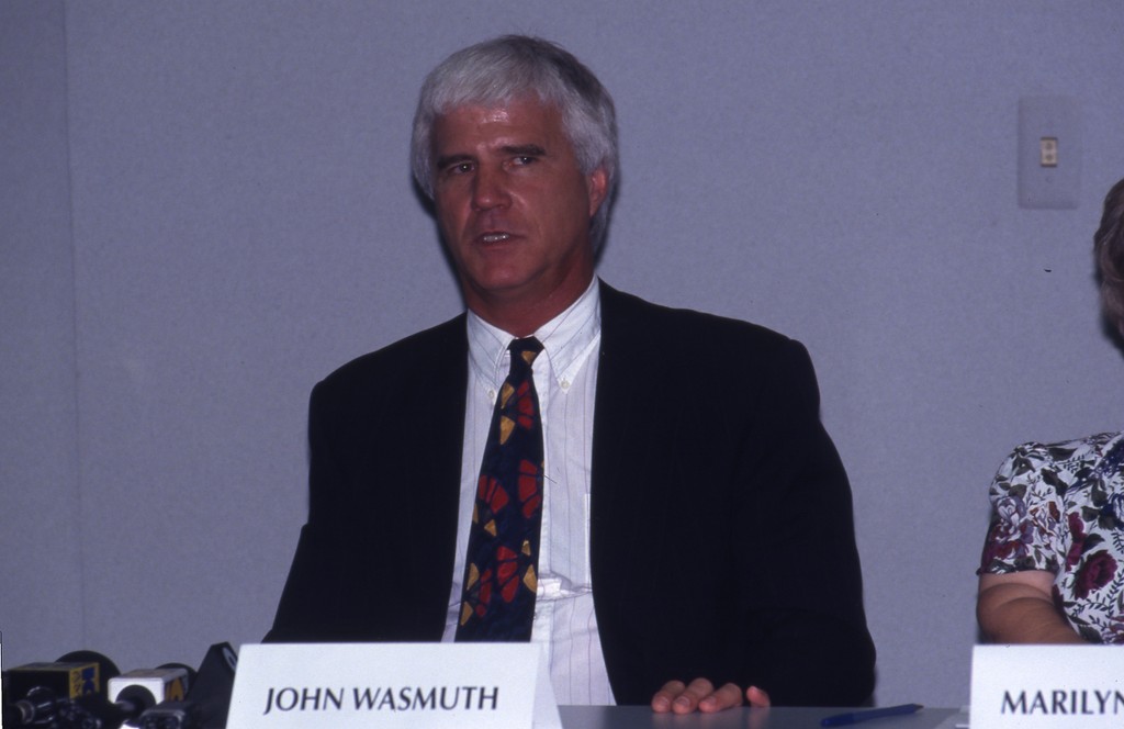 Professor John Wasmuth at a press conference — Calisphere