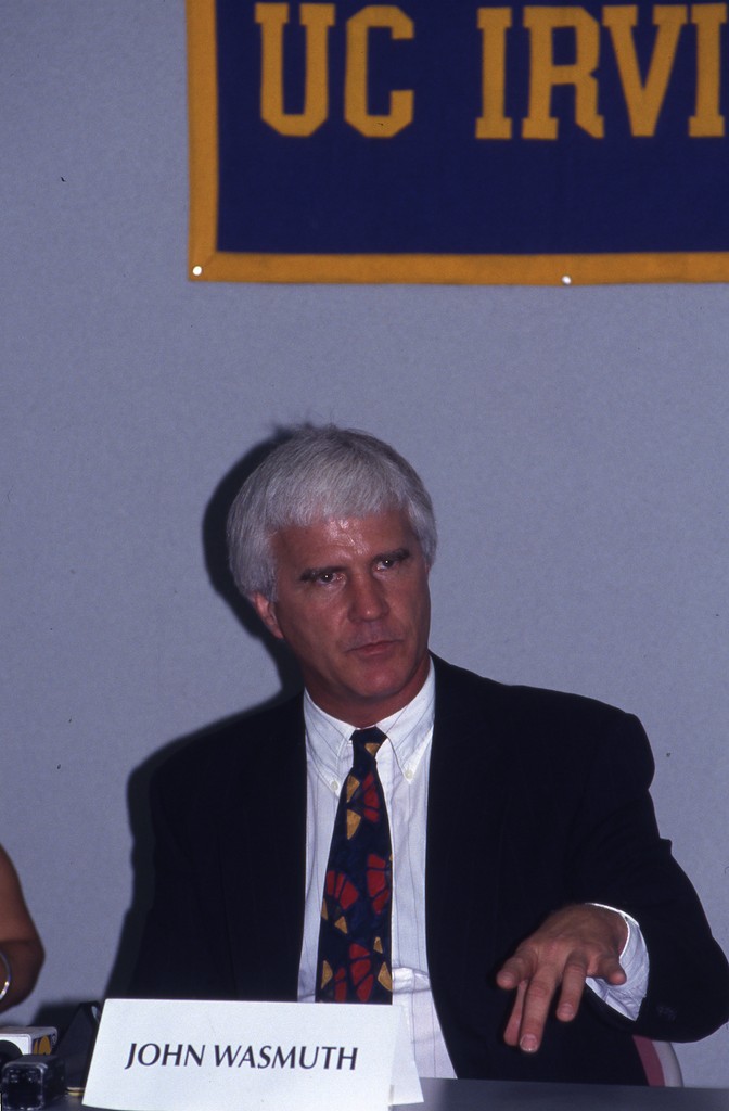 Professor John Wasmuth at a press conference — Calisphere