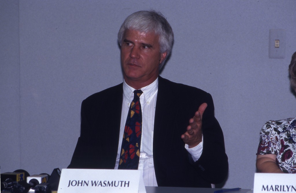 Professor John Wasmuth at a press conference — Calisphere