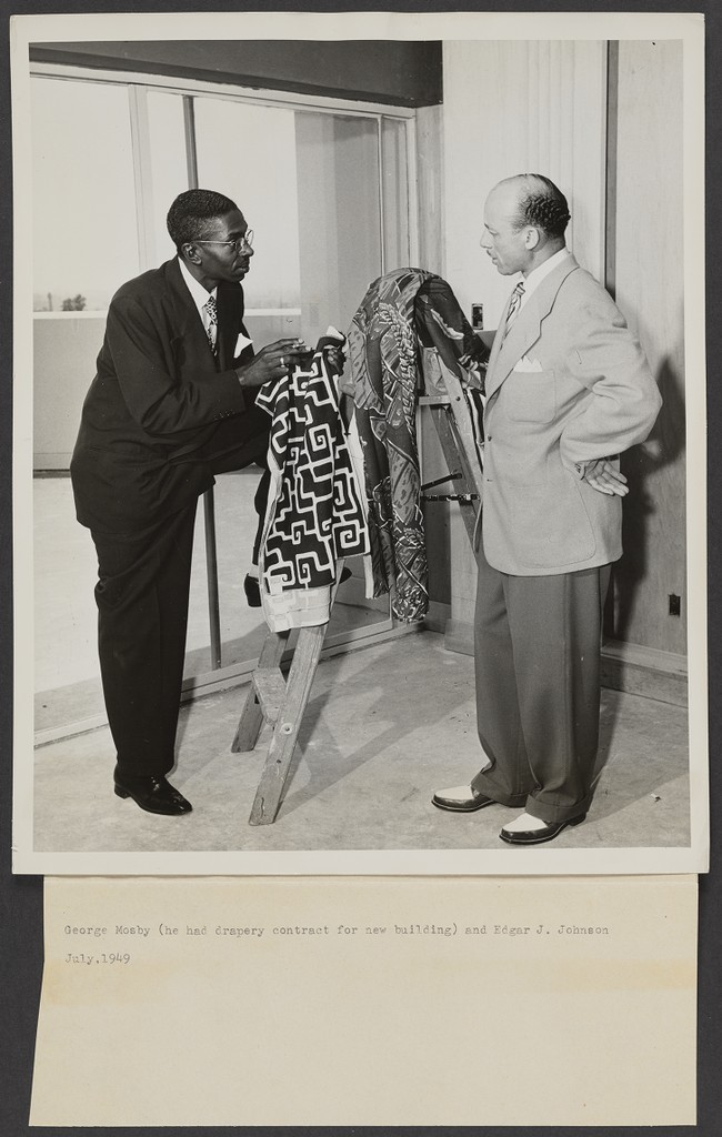 George Mosby and Edgar J. Johnson reviewing drapery for new Home Office ...
